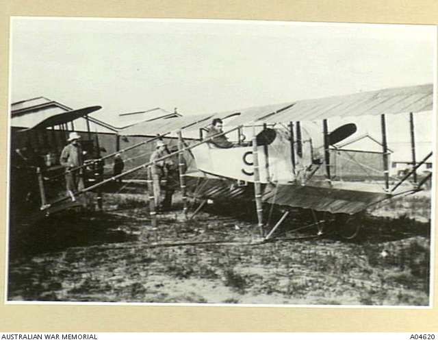 POINT COOK, VIC. 1917. TRAINEE PILOT IN THE COCKPIT OF CAUDRON G.III ...