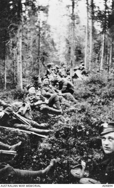 RESTING IN THE SHELTER OF THE RUSSIAN FOREST. | Australian War Memorial