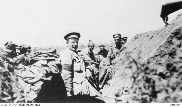"C E W Bean in line at Helles, May 9, 1915. Pte Rogers is on the right ...