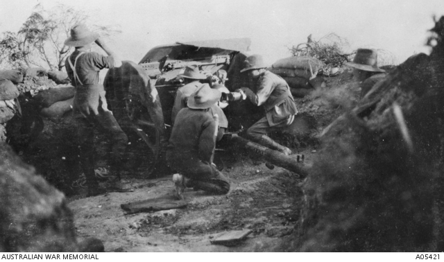 ANZAC, 1915-05-04. NO. 4 GUN HUGHES BATTERY FIRING OVER WHEATFIELD ...