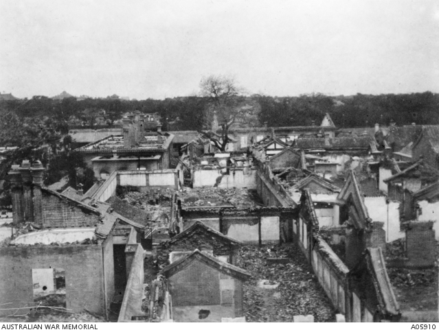 PEKING, CHINA. 1900. BUILDINGS DAMAGED BY BOXER TROOPS BEFORE THE START ...