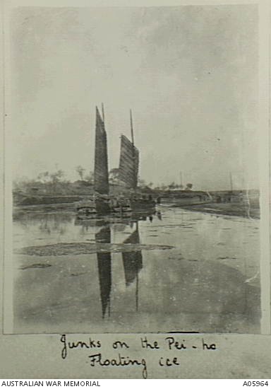 PEKING, CHINA. 1900. CHINESE JUNKS AND FLOATING ICE ON THE PEI HO RIVER ...
