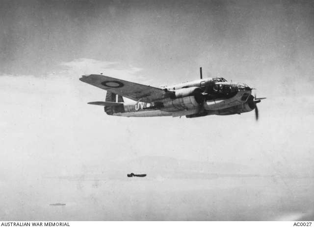 BRISTOL BEAUFORT, A9-551, IN FLIGHT, SHOWING UV- LETTERS OF NO. 8 ...