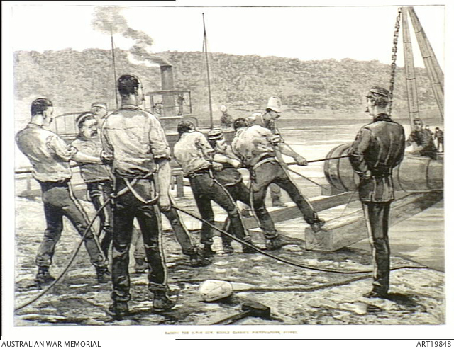 Raising the 25-ton gun, Middle Harbour fortifications, Sydney ...