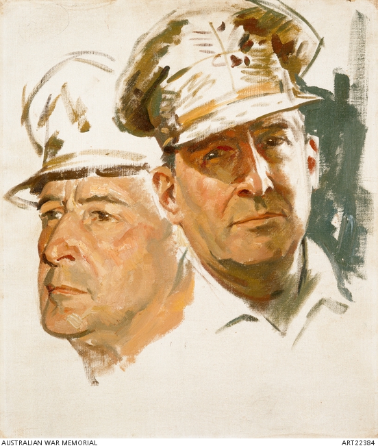 Two portrait sketches of General Macarthur, profile and full-face ...