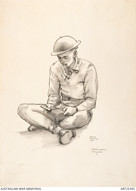 Soldier reading Euripides (Gunner G. Collins) | Australian War Memorial