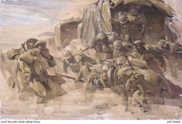 Troops debussing in sandstorm, Libya | Australian War Memorial