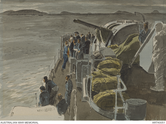 Watching the results of an early morning bombardment, HMAS Condamine ...