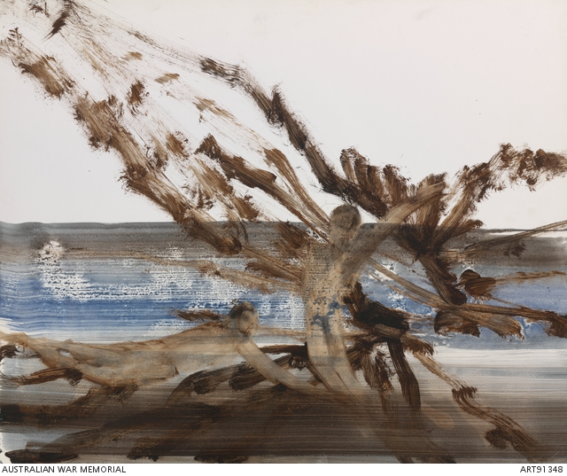[Two Gallipoli figures in shell-burst] | Australian War Memorial