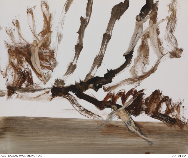 [Four Gallipoli figures in shell-burst] | Australian War Memorial