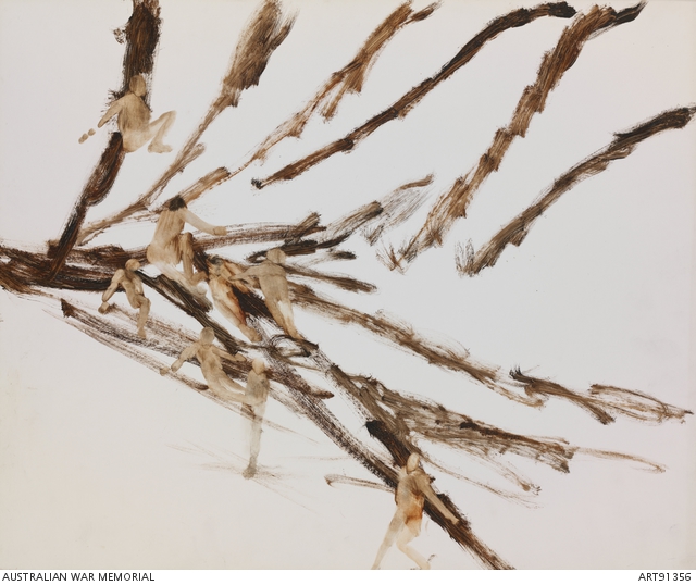 [Eight Gallipoli figures in shell-burst] | Australian War Memorial