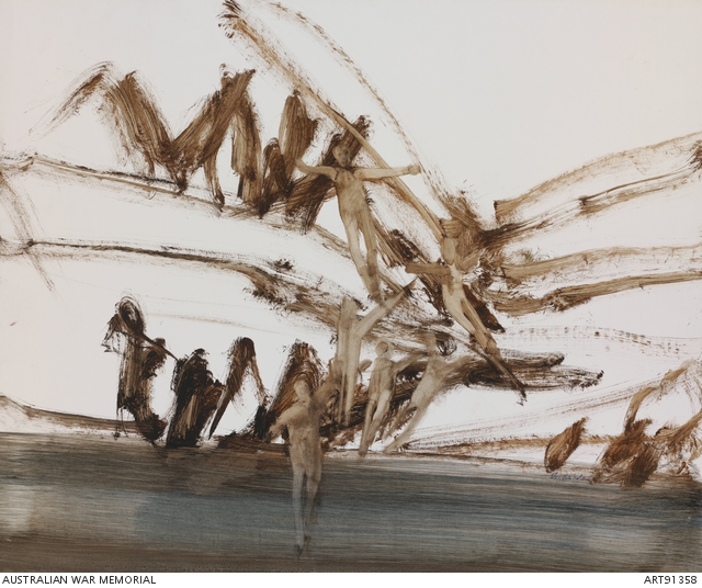 [Six figures amid shell burst] | Australian War Memorial
