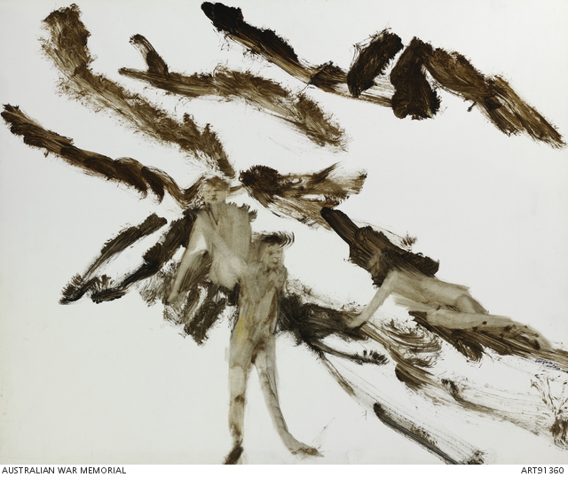 [Three figures in shell-burst] | Australian War Memorial