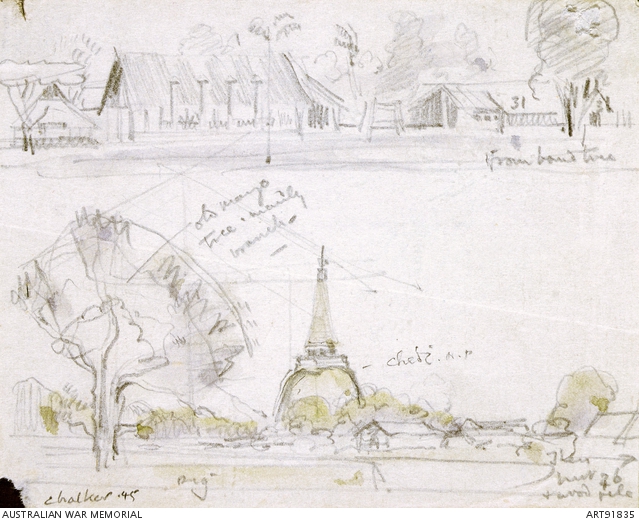 Nakom Paton Camp; verso: Trees and huts at Nakom Paton | Australian War ...