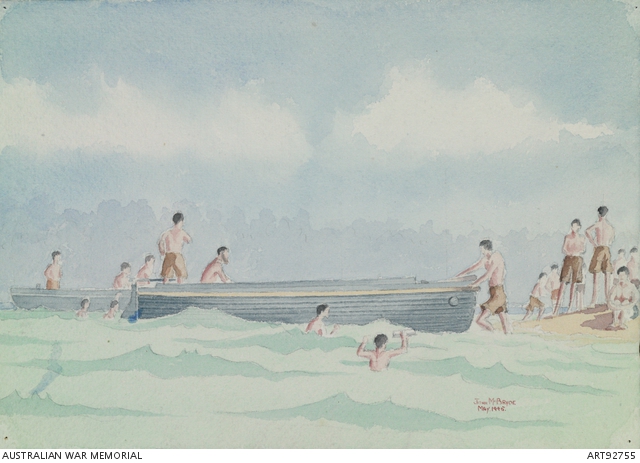 Australian libertymen landing from HMAS 'Kalgoorlie' on Rara Island ...