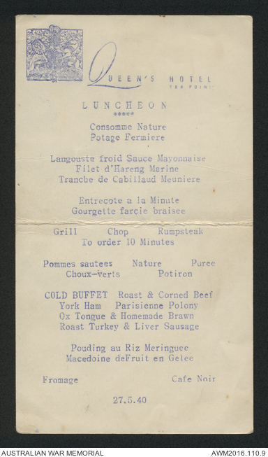 [Menu] Queen's Hotel, Sea Point | Australian War Memorial