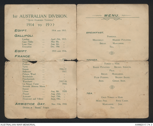 [Menu] Christmas Dinner Menu for members of the 1st Division AIF and ...