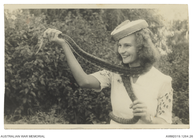 Portrait of Maud Josephine Hebert (nee Tyrrell) posing with a snake ...
