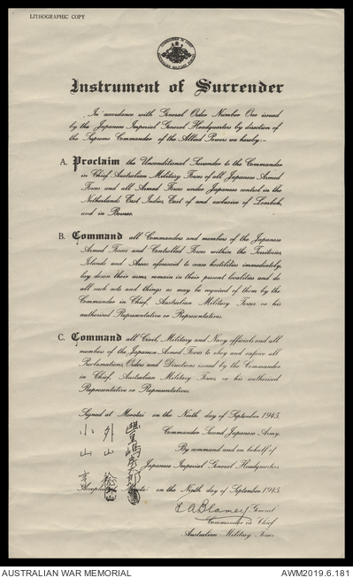 Lithographic copy, Instrument of Surrender | Australian War Memorial