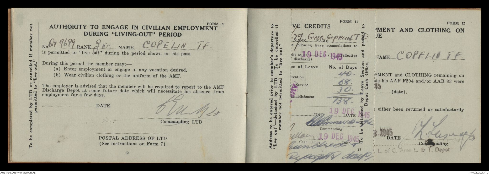 Wallet 1 of 1 - Papers relating to the Second World War service of ...