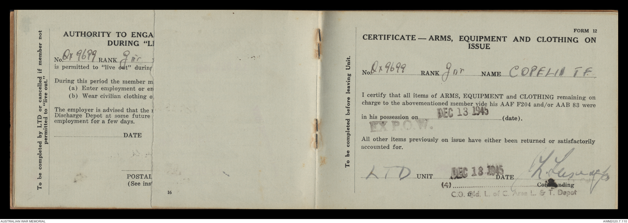 Wallet 1 of 1 - Papers relating to the Second World War service of ...