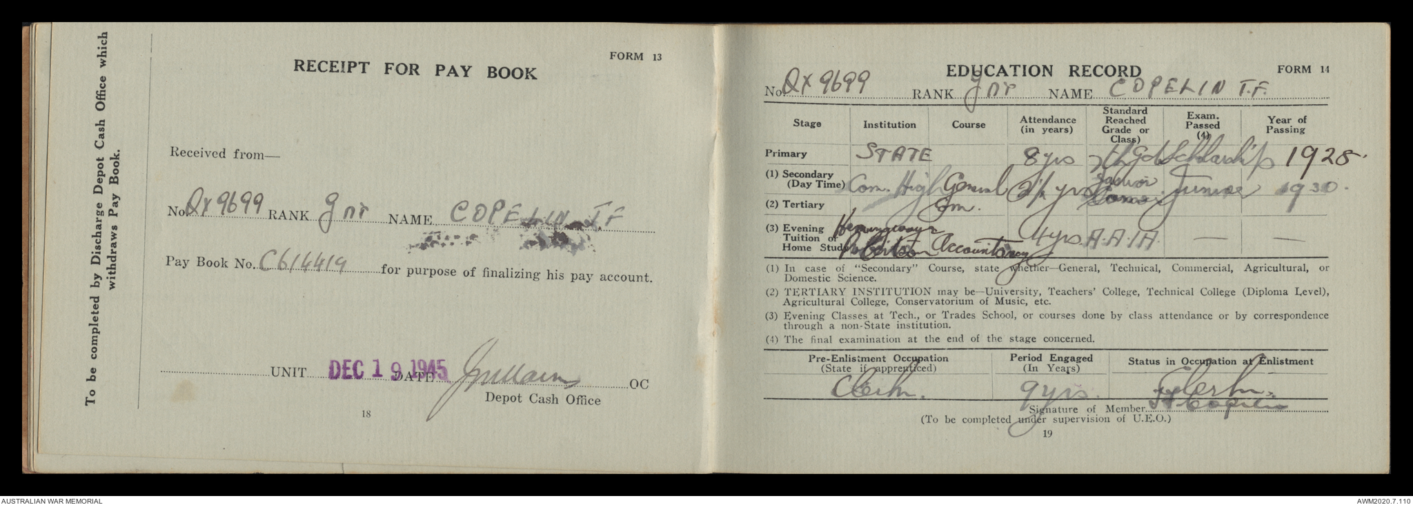 Wallet 1 of 1 - Papers relating to the Second World War service of ...