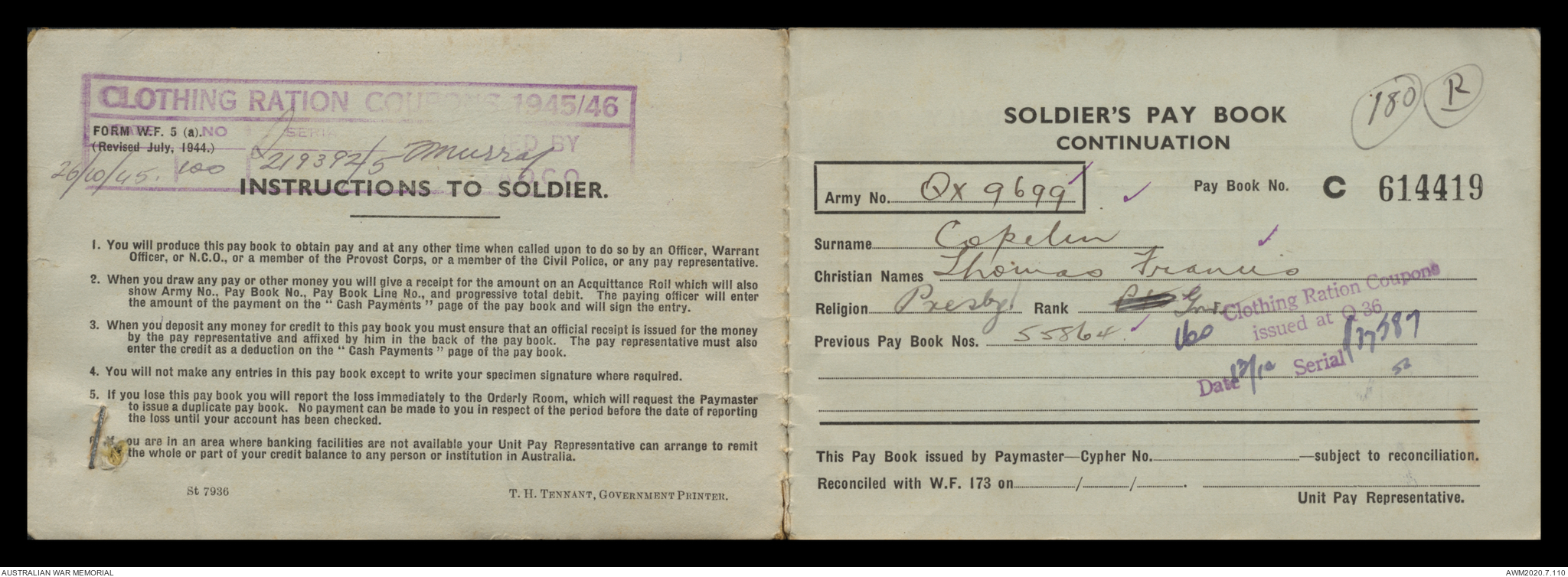 Wallet 1 of 1 - Papers relating to the Second World War service of ...