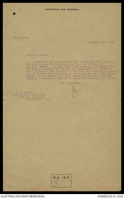 AWM93 12/11/3551 - [Australian War Memorial registry file:] J.V. Begbie ...