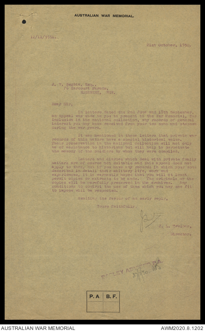 AWM93 12/11/3551 - [Australian War Memorial registry file:] J.V. Begbie ...