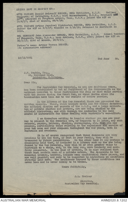 AWM93 12/11/3551 - [Australian War Memorial registry file:] J.V. Begbie ...