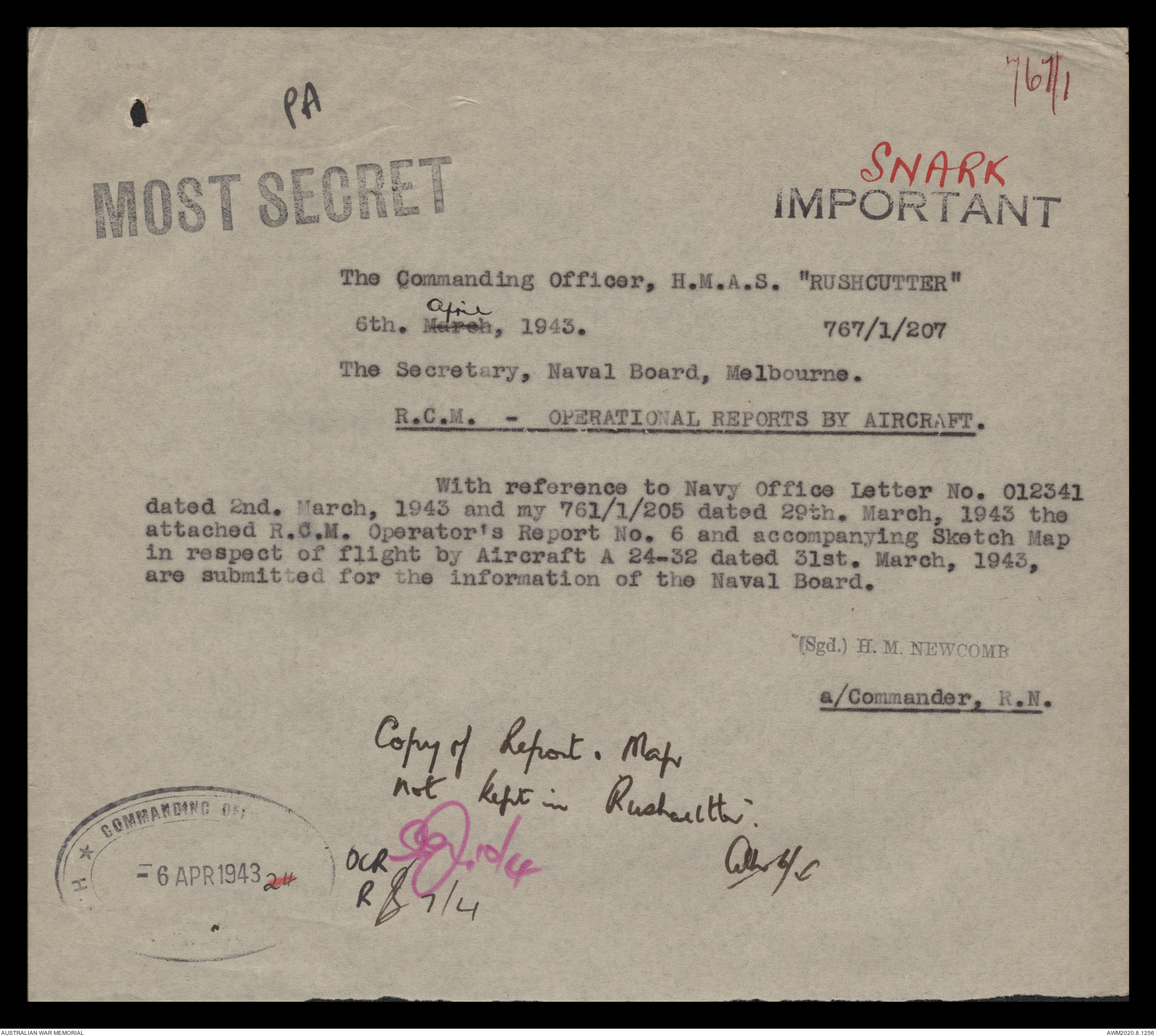 AWM79 609/6 - [HMAS RUSHCUTTER Radar School record:] RCM [Radio Counter ...