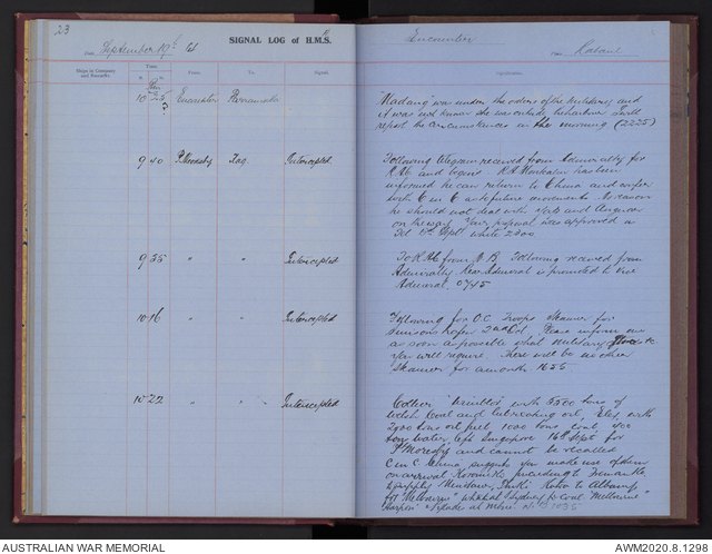 AWM35 8/43 - [HMA ships logs] HMAS ENCOUNTER [captain's] signal log, 15 ...