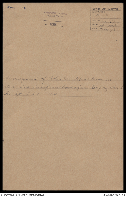 AWM54 721/20/1 - [Organization (own) - Volunteer Defence Corps (VDC ...