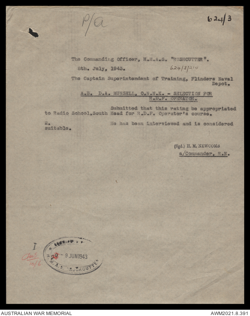 AWM79 624/3 - [HMAS RUSHCUTTER Radar School record:] RDF [Radio ...
