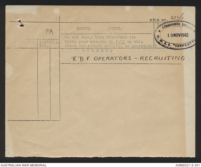 AWM79 624/3 - [HMAS RUSHCUTTER Radar School record:] RDF [Radio ...