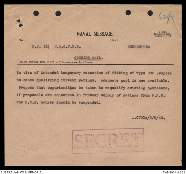 AWM79 624/3 - [HMAS RUSHCUTTER Radar School record:] RDF [Radio ...