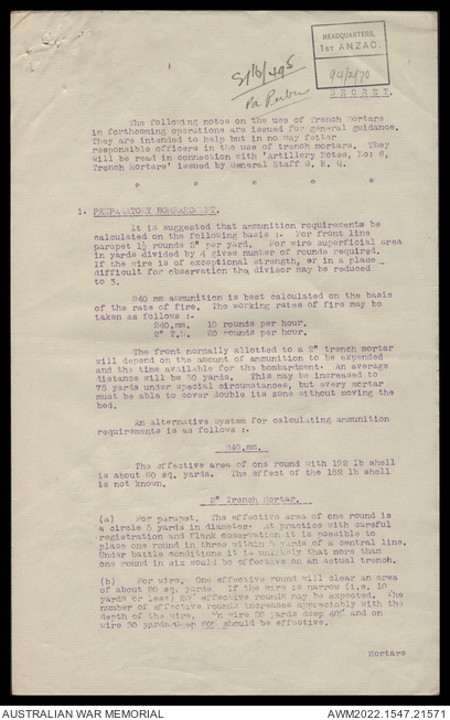 AWM25 973/53 - [Written records, 1914-18 War] [Trench Mortars] Notes ...