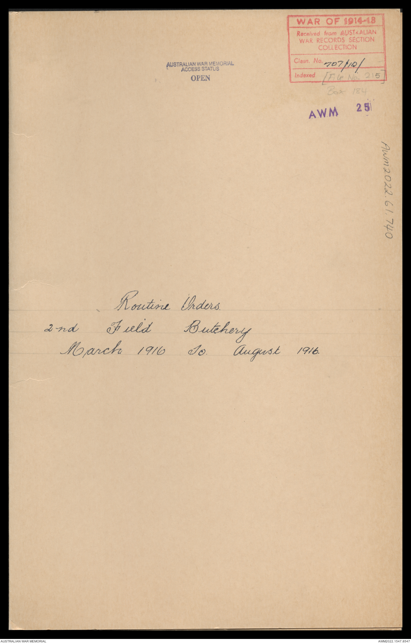 AWM25 707/10 PART 215 - [Written records, 1914-18 War] Routine Orders ...