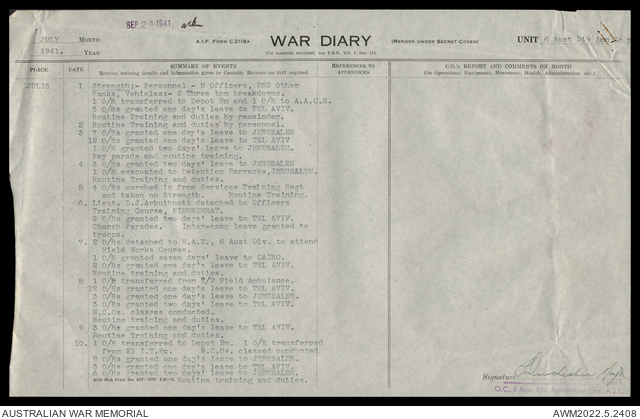 AWM52 10/32/16/2 - [Unit War Diaries, 1939-45 War] 6 Division Ammunition Company, March 1941 ...