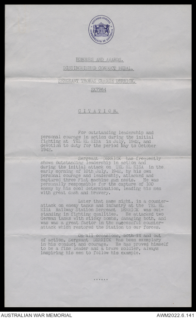 Wallet 1 of 1 - Citation for the DCM awarded to Sergeant Thomas Currie ...
