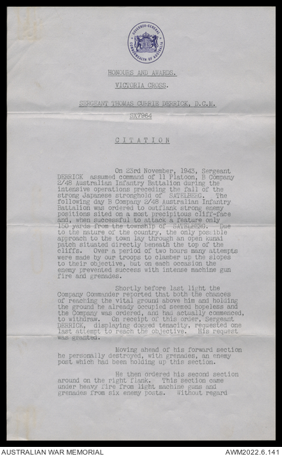 Wallet 1 of 1 - Citation for the DCM awarded to Sergeant Thomas Currie ...