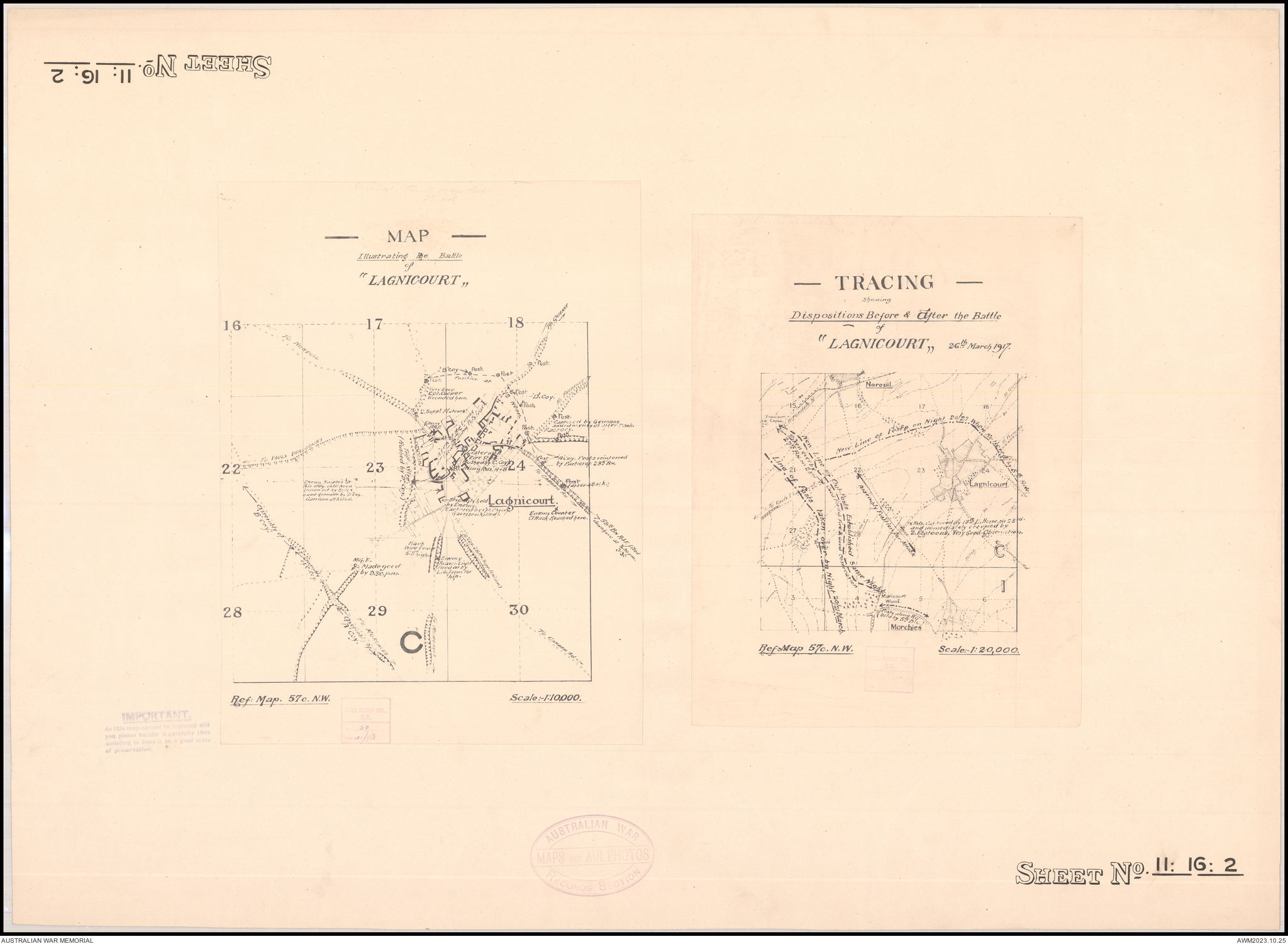 Map illustrating the Battle of Lagnicourt and Tracing showing ...