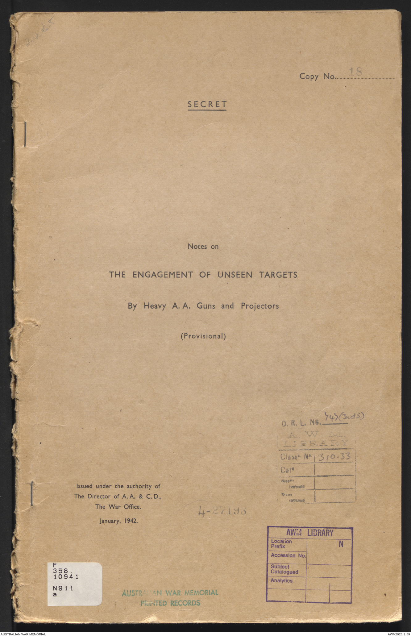 Notes on the engagement of unseen targets by heavy A.A. guns and ...