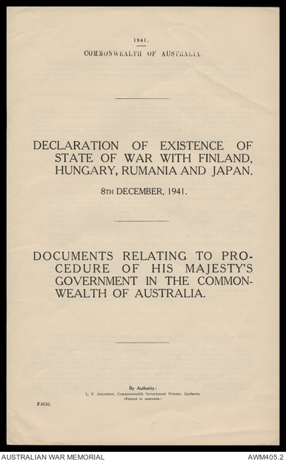 AWM405 2 - [Documents assignment of powers - Declarations of War ...