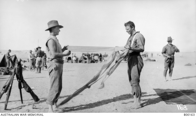 Making pugaree strips. Two members of the 7th Australian Light Horse ...