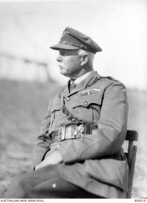 Outdoors portrait of Brigadier General Cox CB CMG DSO VD, sitting on a ...