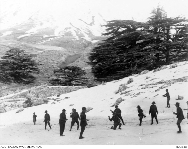 Australian Light Horsemen indulging in a snowball fight among the ...