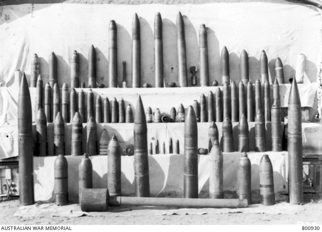 Close up of a display of captured German and Turkish ammunition ...