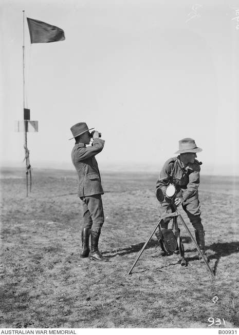 Two unidentified Australian Signallers operating a heliograph. The ...
