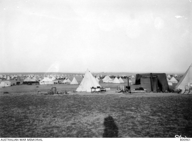 The camp of the Anzac Mounted Division. An outdoor kitchen is set up ...